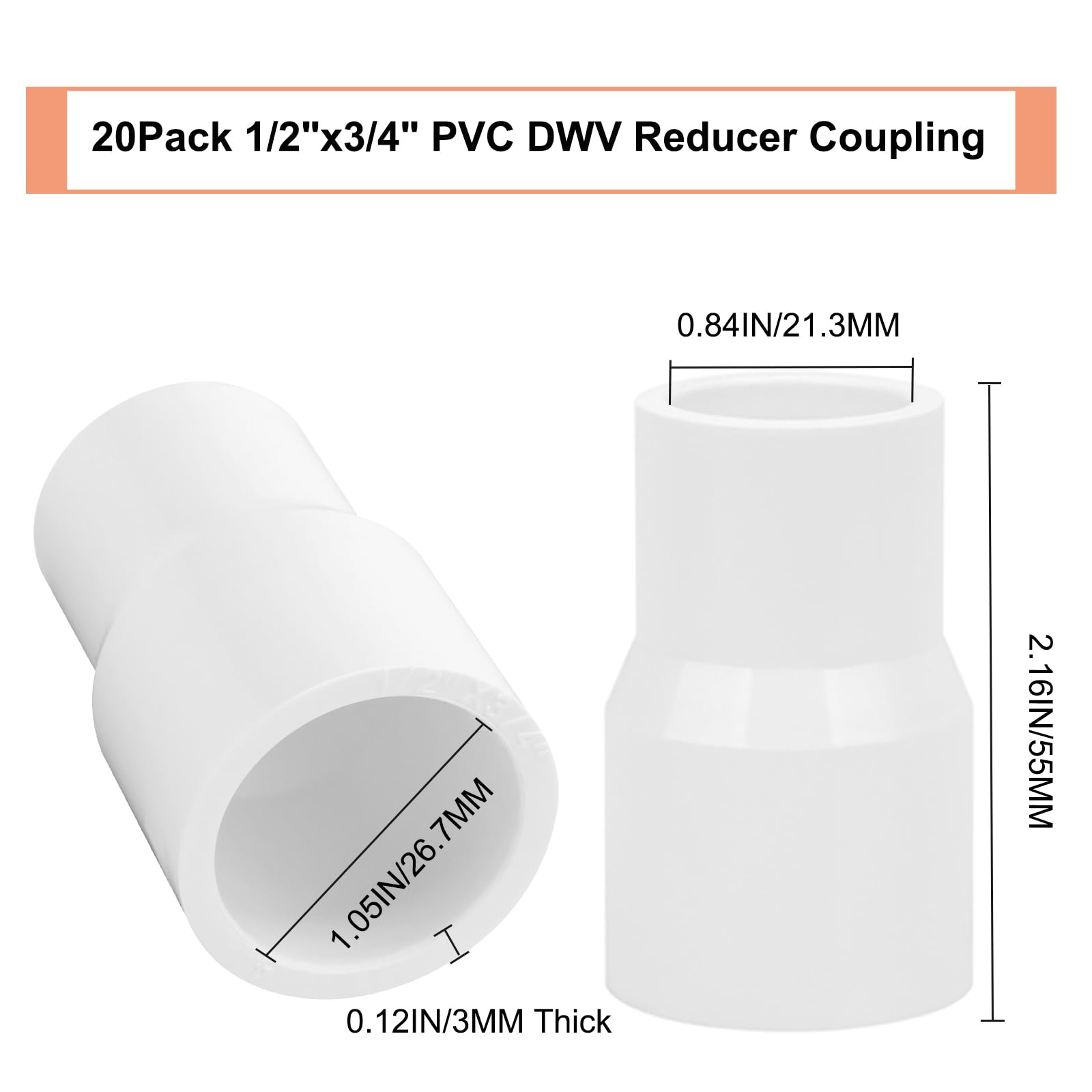 Snapklik.com : 20Pack 3/4" X 1/2" PVC DWV Reducer Coupling Adapter