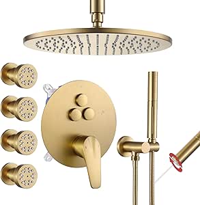 VANFOXLE Shower Faucet Set Brushed Gold Shower System,Push Button Diverter Shower Faucet with 2 ...