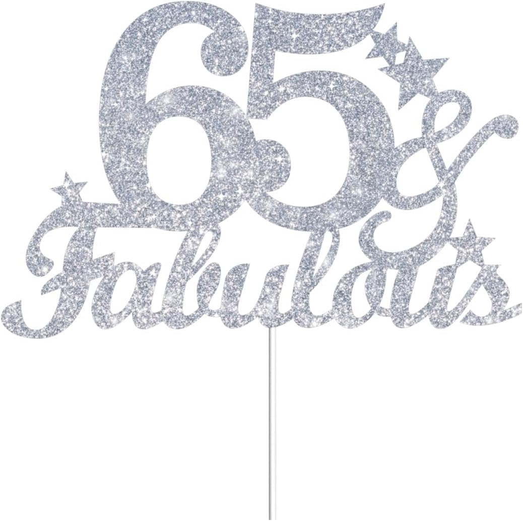 Amazon.com: 65 & Fabulous Cake Toppers Silver Glitter, Happy 65th ...