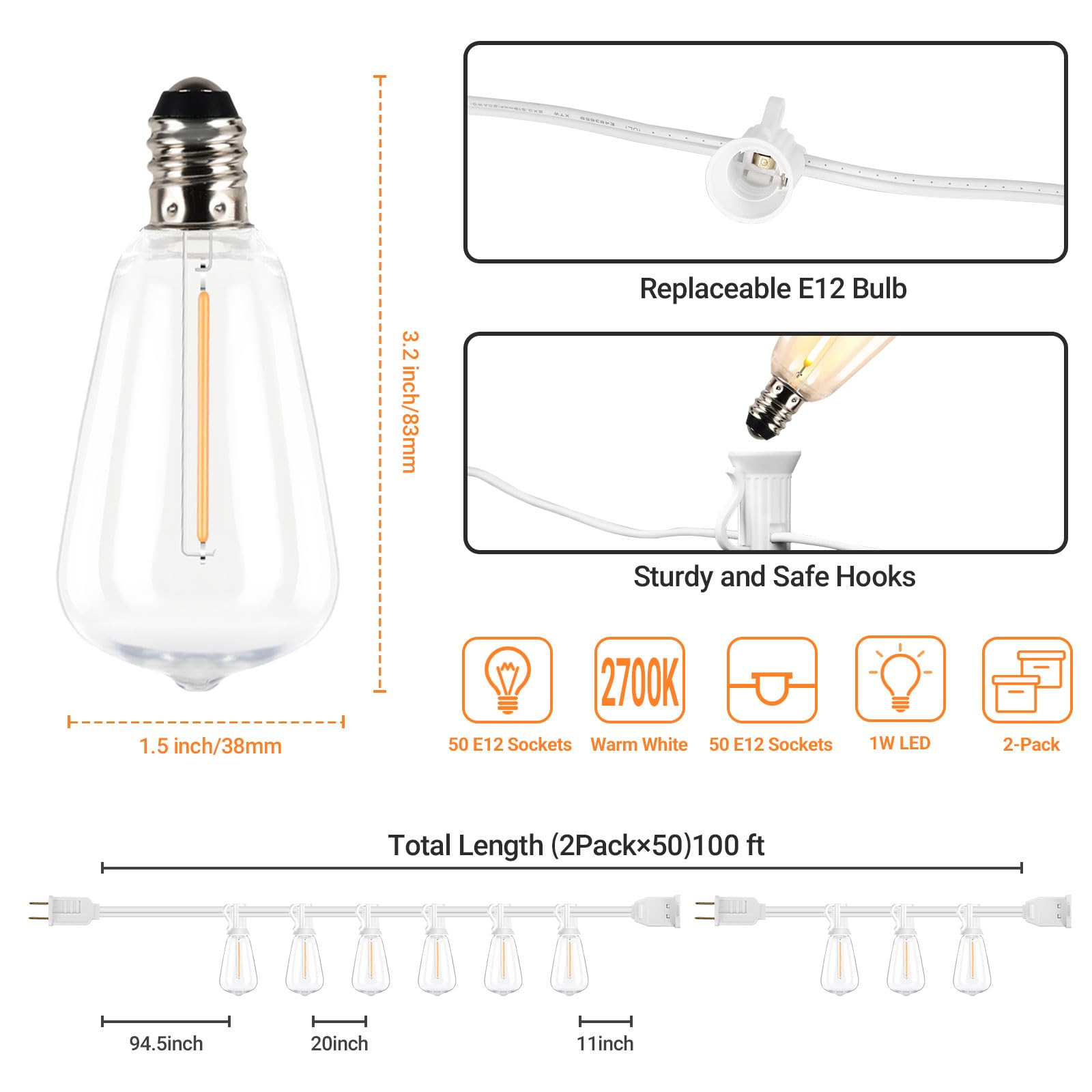 100FT White Waterproof String Lights for Outside Patio, Outdoor LED ...