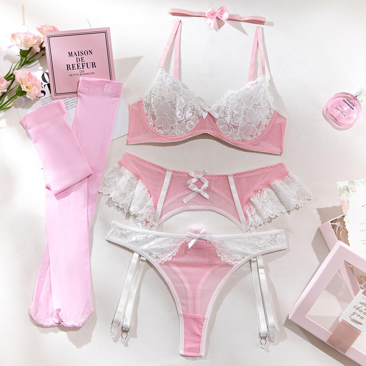 Sexy Bow Choker Floral Lace Stocking Sheer Underwire