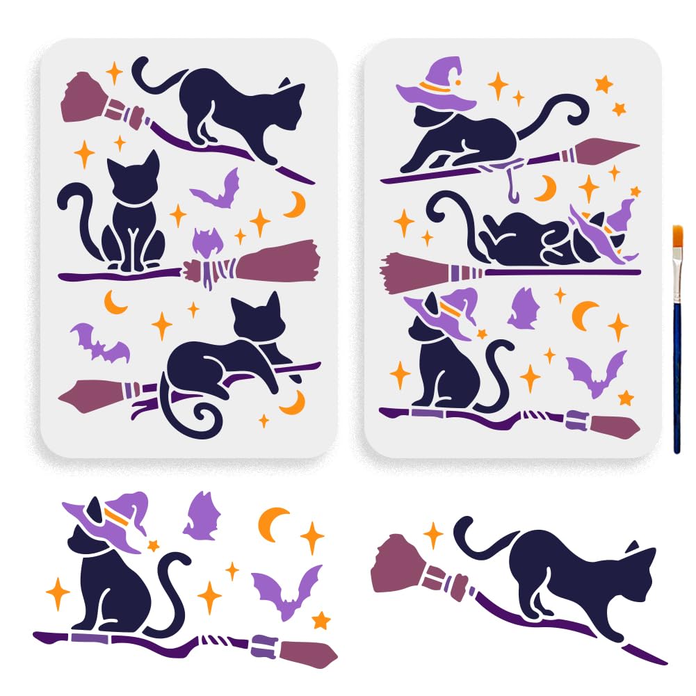 MAYJOYDIY 6 Styles Magic Cat Broom Stencils 29.7×21cm Magic Cat Theme ...