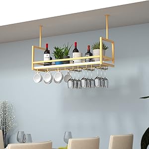 Hanging Ceiling Shelf Industrial Hanging Wine Rack with Glass Holder ...