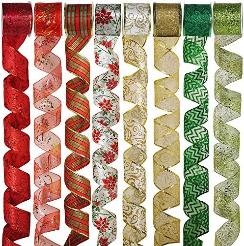 Amazon.com: Wired Christmas Ribbon for Tree Plaid Ribbons Set Burlap ...