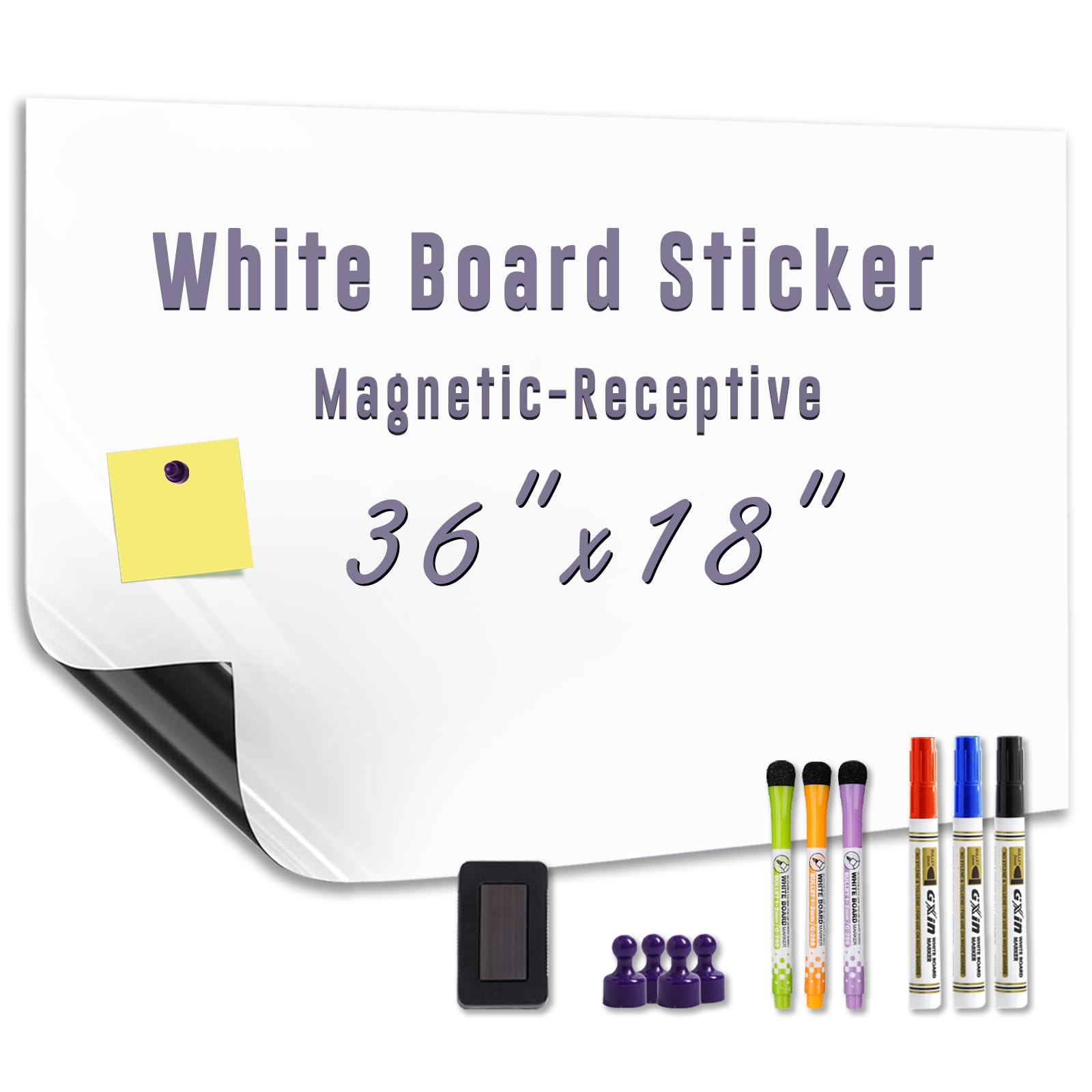 White Board Sticker 36'' x 18'' Self Adhesive Magnetic Dry Erase Board ...