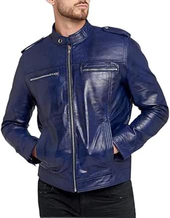 Amazon.com: LEATHER JACKET MENS Dark Blue Geniune LambSkin Leather ...