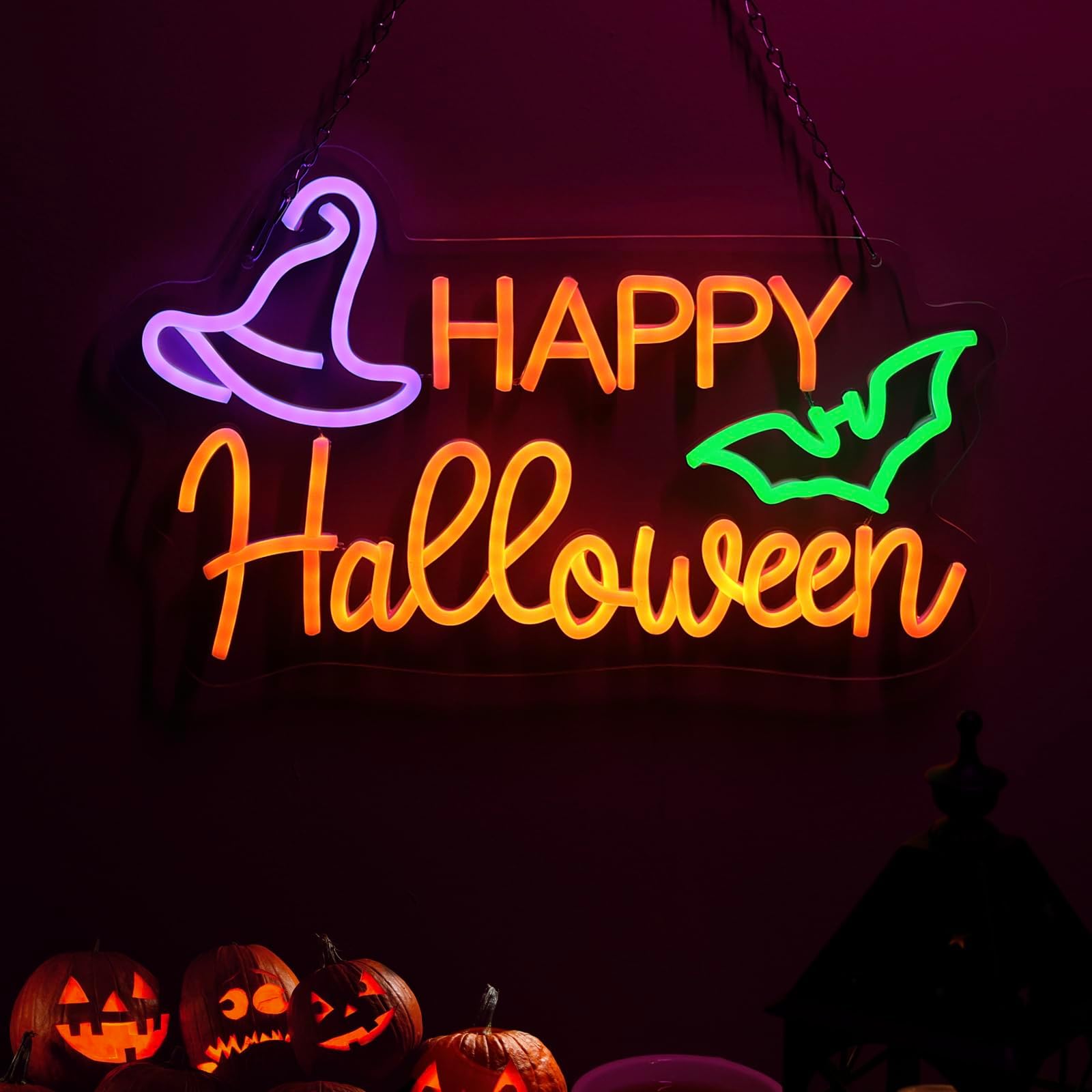 Treela Halloween Neon Sign Happy Halloween Sign Decorations Bat Light ...