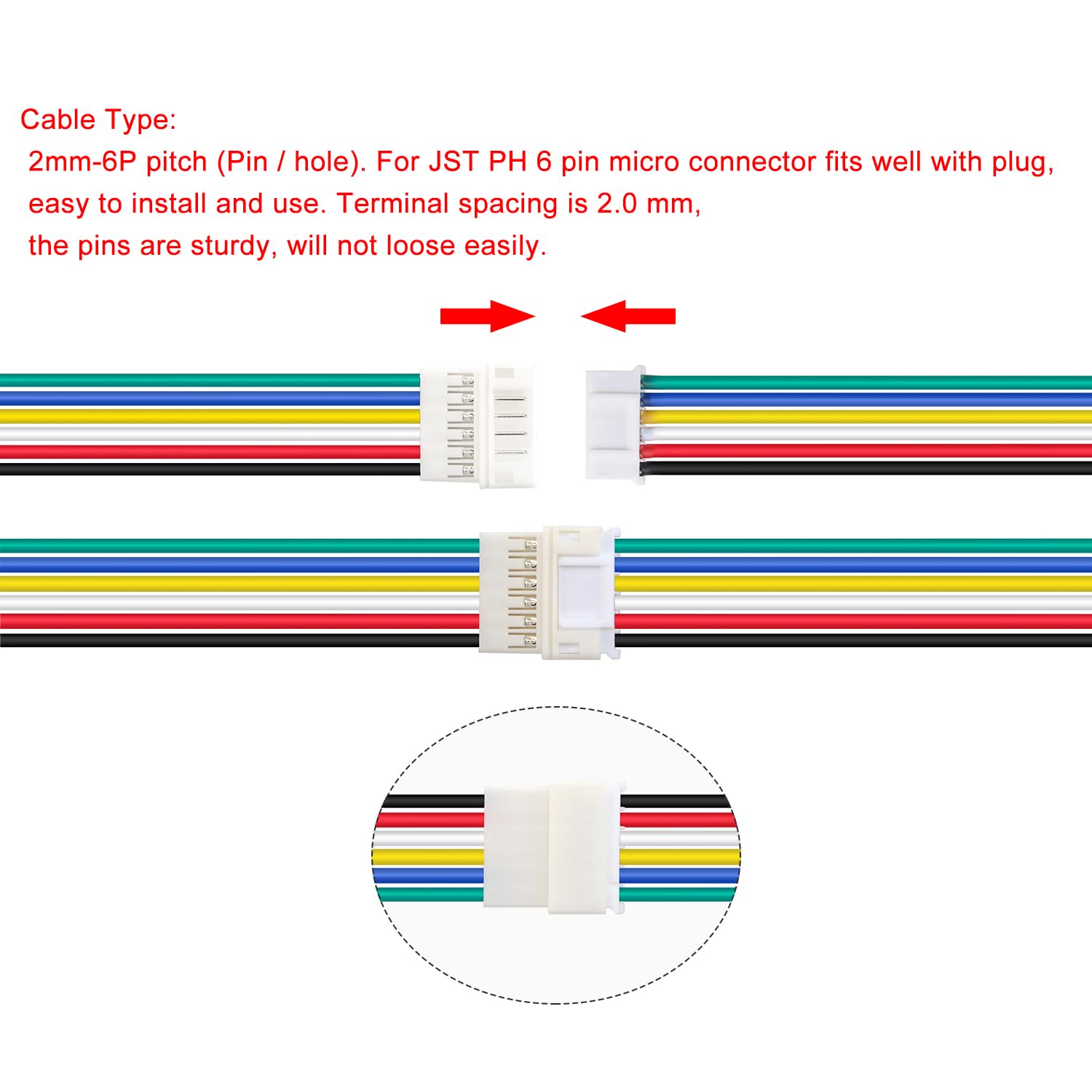 Lyeteung 10 Pairs Mini Micro JST-PH 2.0 Plug Connector, JST 6 Pin Micro Electrical Male and ...