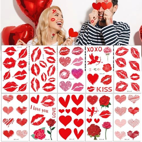 Amazon.com : BASEMMAHER 83Pcs Valentine's Day Red Lips Heart Temporary ...