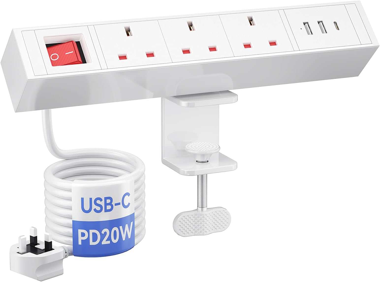 Desk Power Strip Extension Lead with USB C PD20W, 3 Way Desk Clamp ...