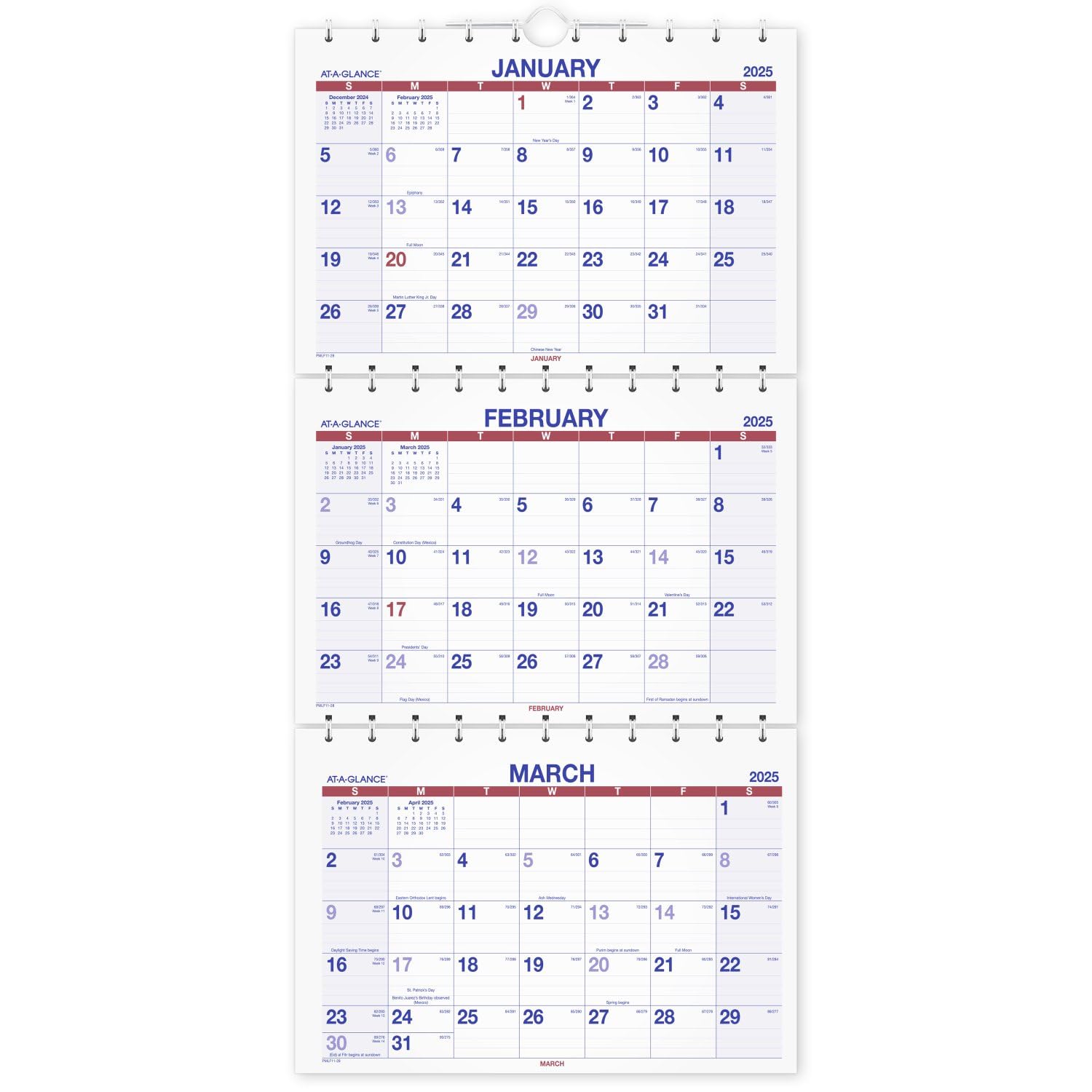 AT-A-GLANCE 2025 Wall Calendar, 12" x 26-1/2", Large, Three-Month, Move ...