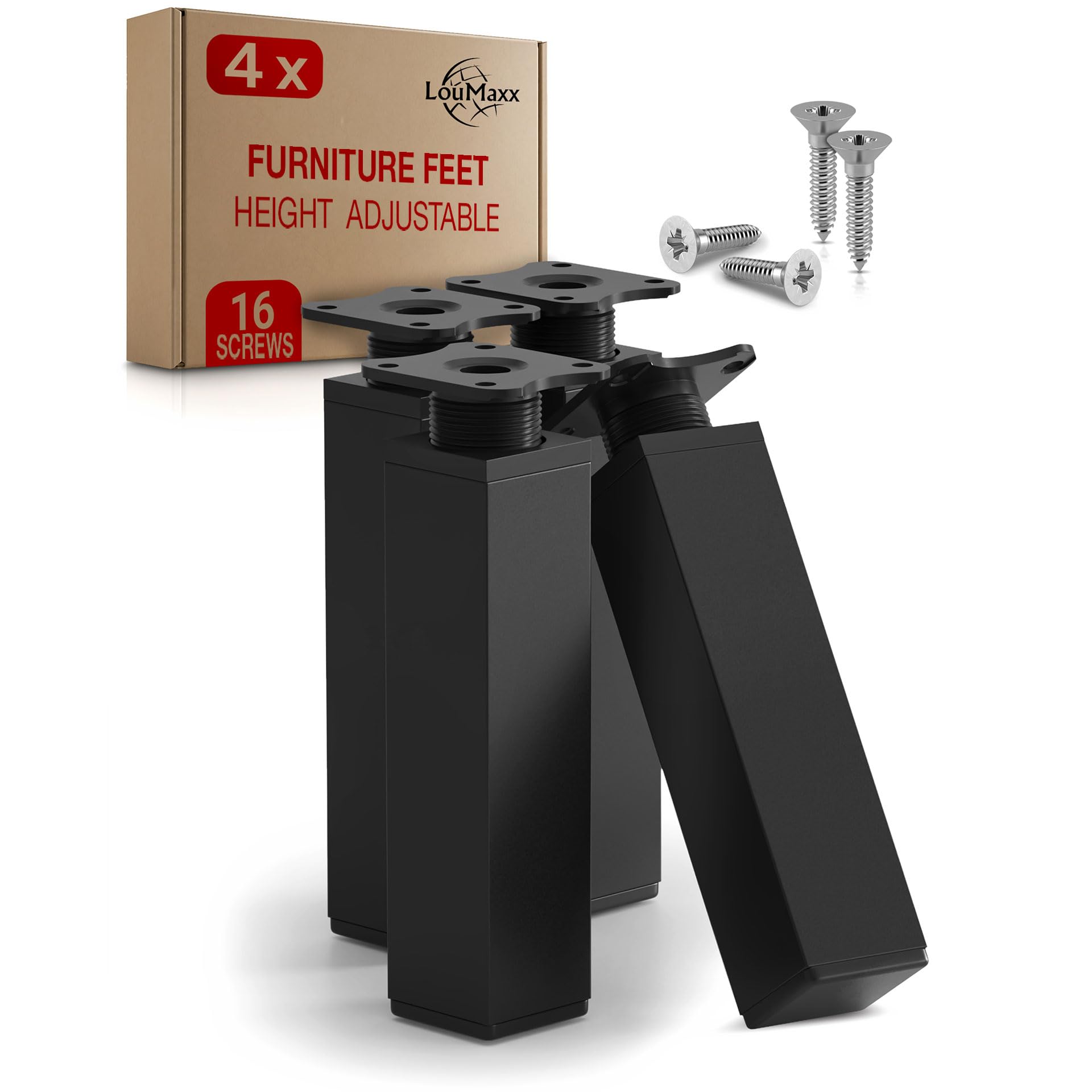 LouMaxx Adjustable Square Furniture Feet – Set of 4-40 x 40 x 60 mm in ...