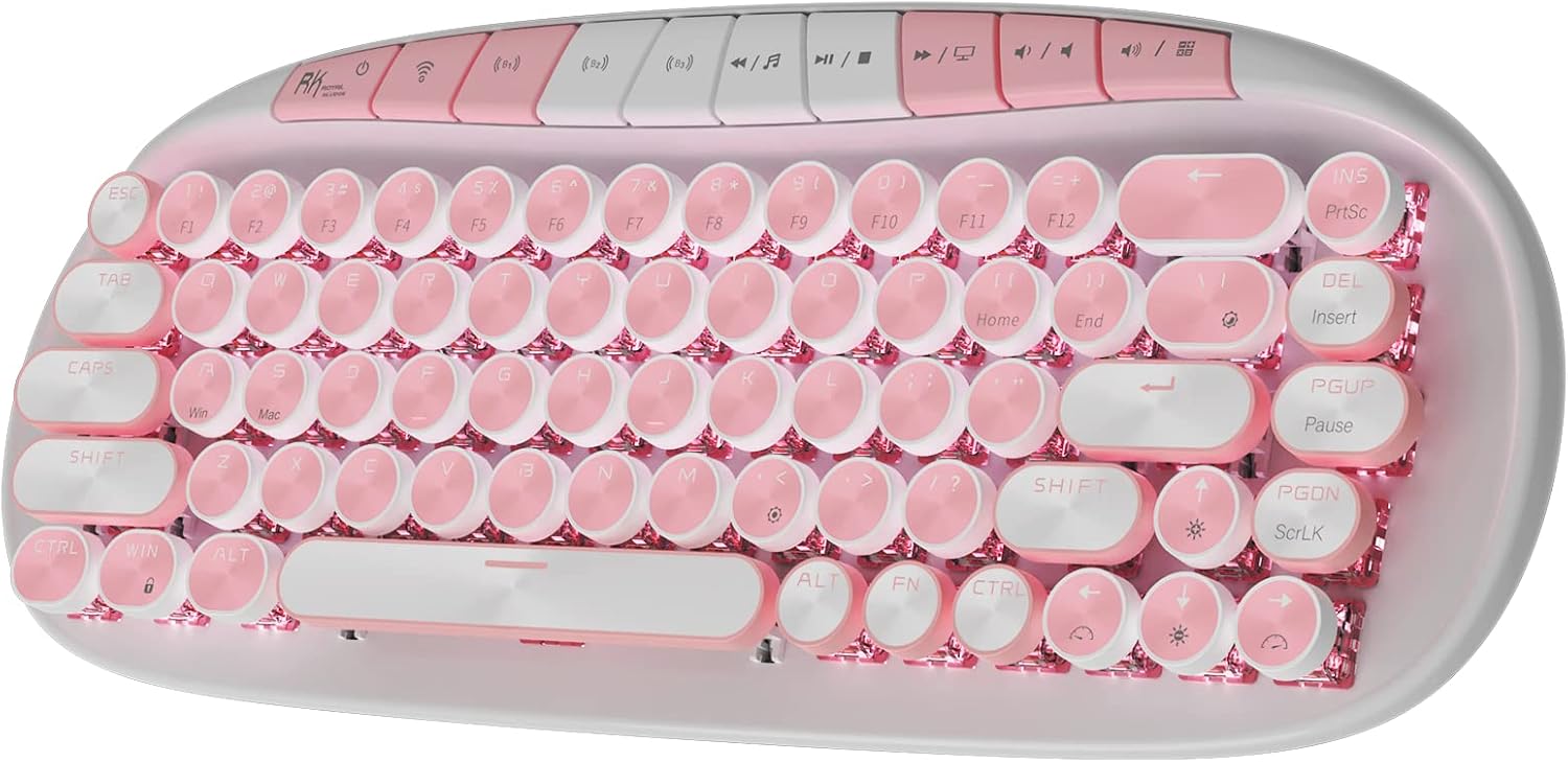 RK ROYAL KLUDGE RK838 Pink Wireless Keyboard, Retro Typewriter Keyboard ...