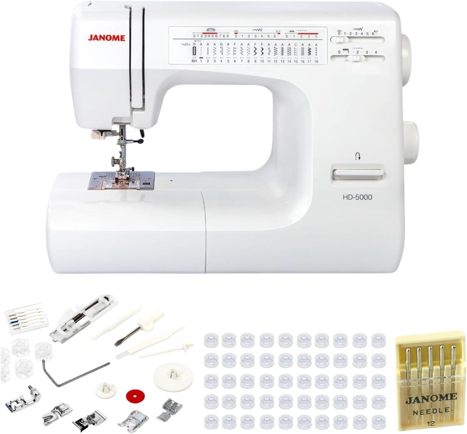 Amazon.com: Janome HD-5000 Heavy Duty Sewing Machine with Aluminum Body (White) Bundle with ...