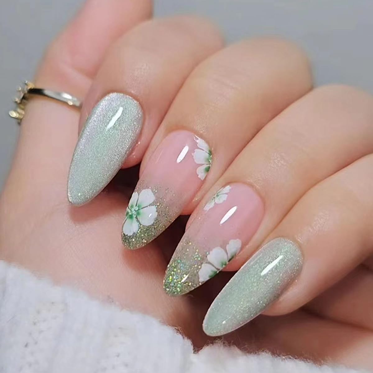 Amazon.com: Glitter Light Green Press on Nails - Pointed Medium Shape ...