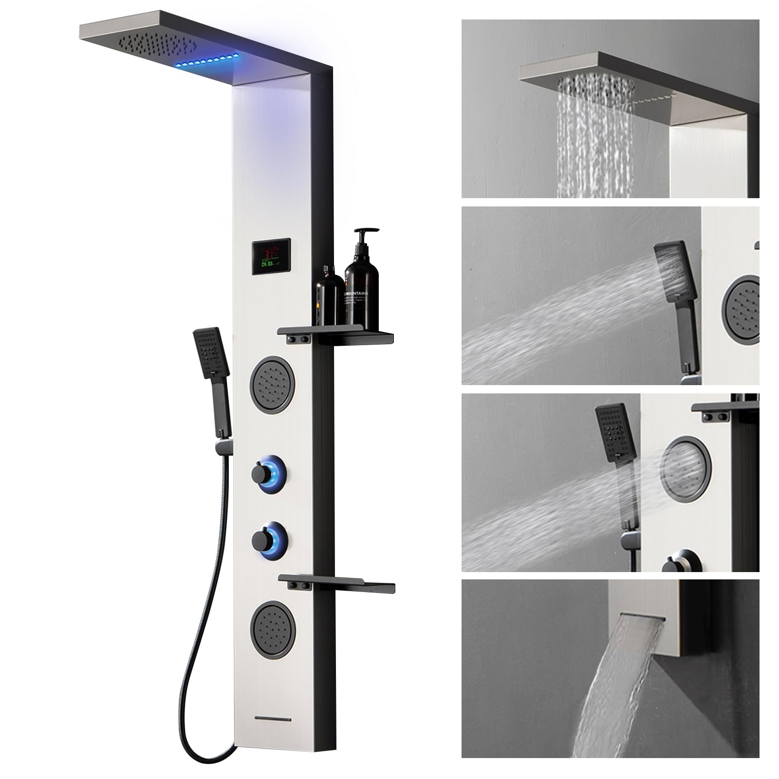 Homevacious 4 In 1 Shower Panel System with Shelf,LED Rainfall Shower ...