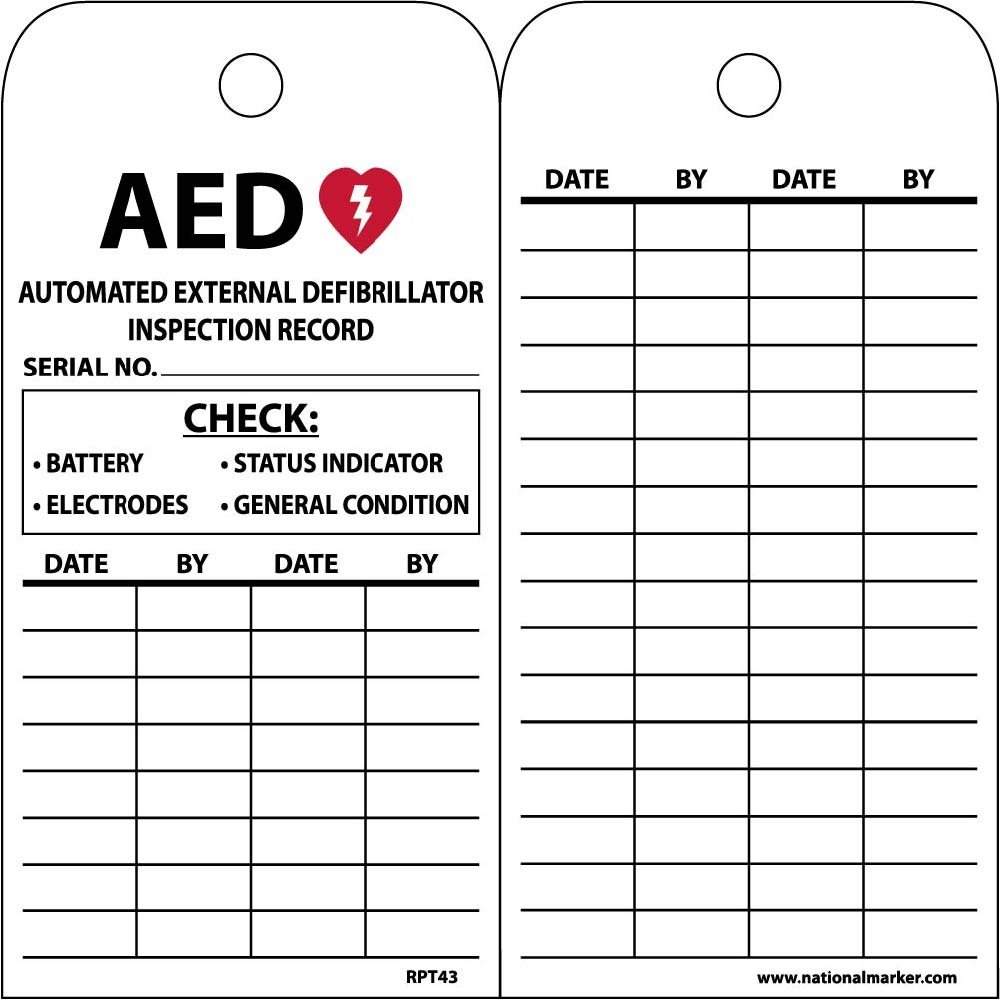 Buy NMC AED Automated External Defibrillator Inspection Record Tag ...