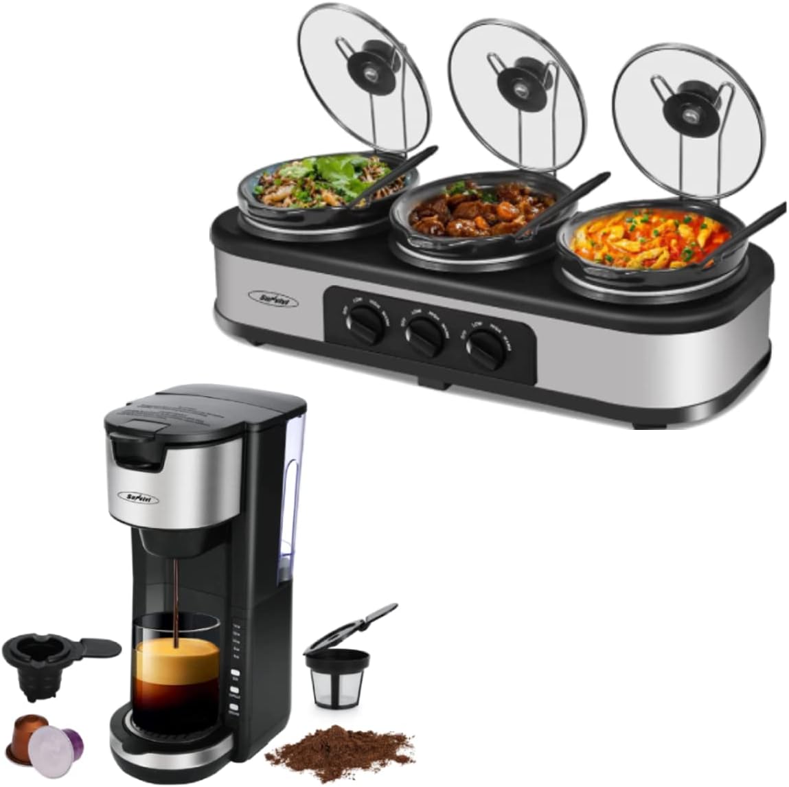 Amazon.com: Triple Slow Cooker Food Warmer & Single Cup Coffee Maker ...