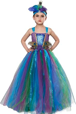 Amazon.com: Girls Halloween Peacock Costume Deluxe Peacock Tulle Dress ...