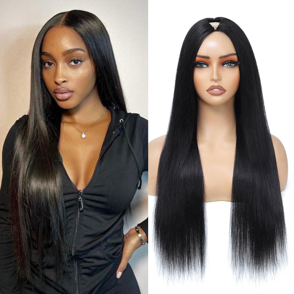 Amazon.com : Aolvoblees V Part Wig Human Hair Straight No Leave Out ...