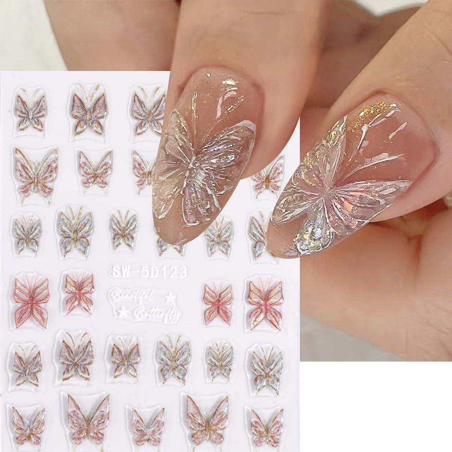Amazon.com: 1 Sheets Butterfly Nail Art Stickers 5D Emboss Butterflies ...