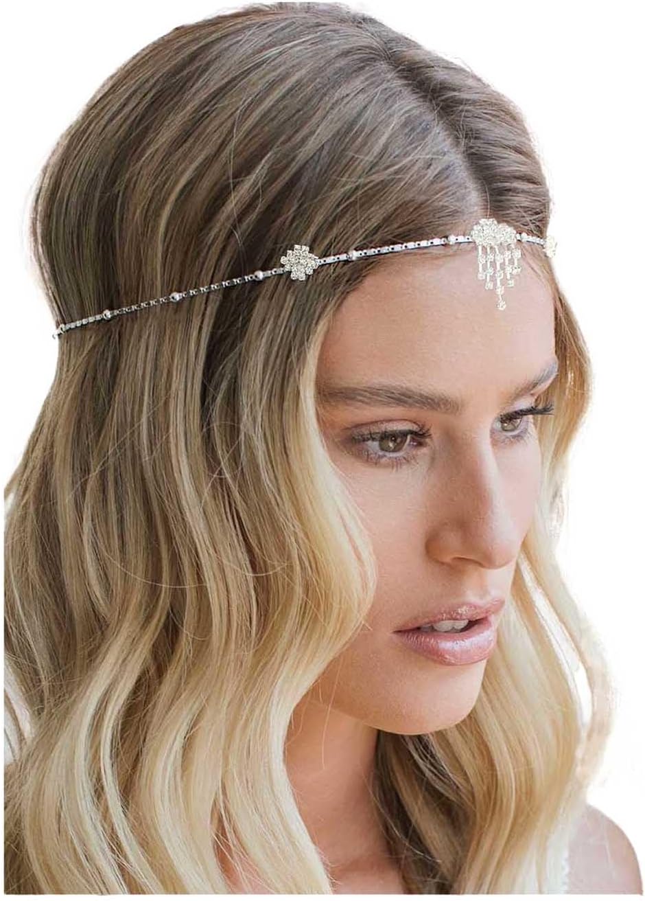 Amazon.com: BLUE PANDA Silver Rhinestone Head Chain, Pendant Headpiece ...