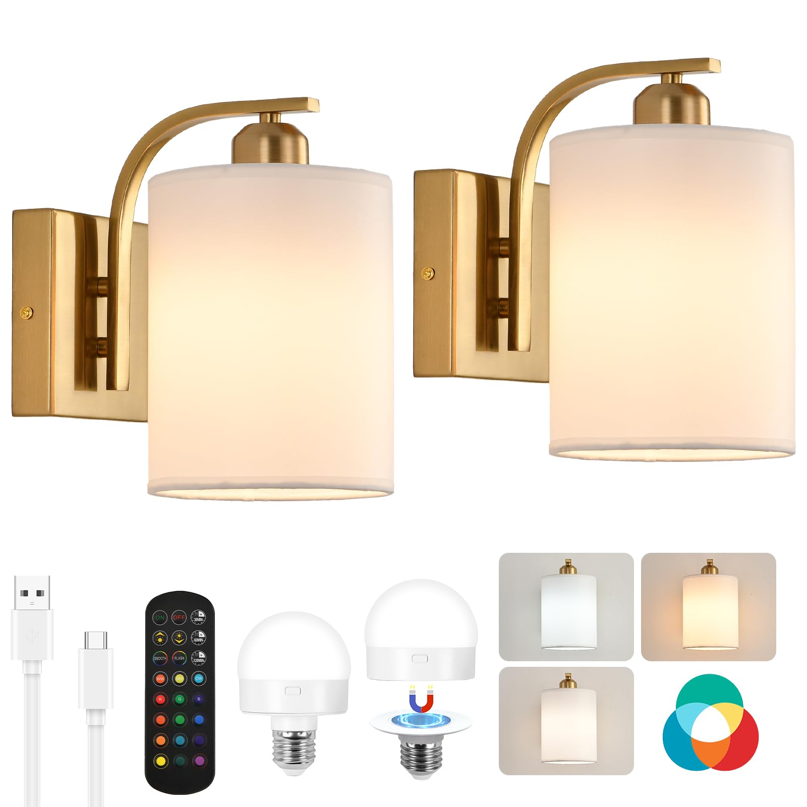 Battery Operated Wall Sconce Set of 2,Gold Rechargeable Wall Lights ...
