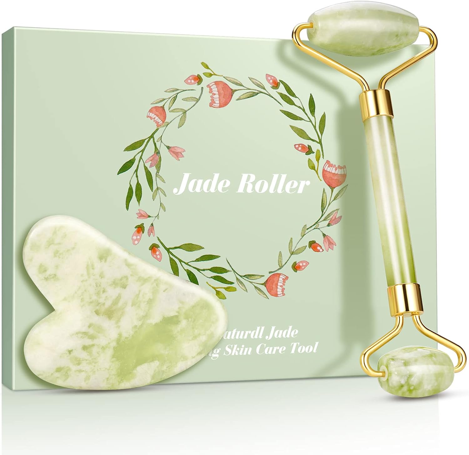 Jade Roller Massage Tool, Anti-Aging Natural Facial Jade Stone Kit ...