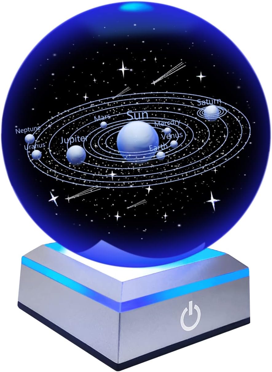 3D Crystal Ball with Solar System model and LED lamp Base, Clear 80mm ...
