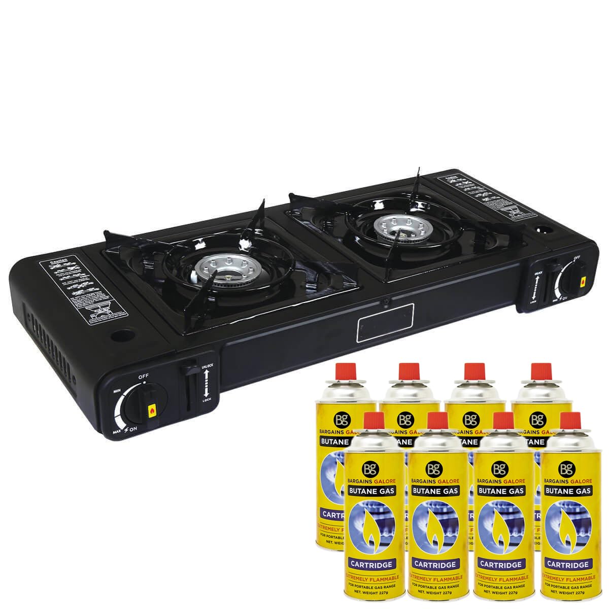 Portable Double Gas Cooker Stove + 8 Butane Gas Bottles Canisters - For ...