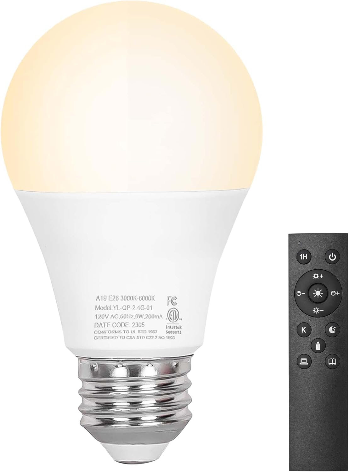Odeums A19 LED Light Bulb with Remote Control, 9W (60W Equivalent) LED ...