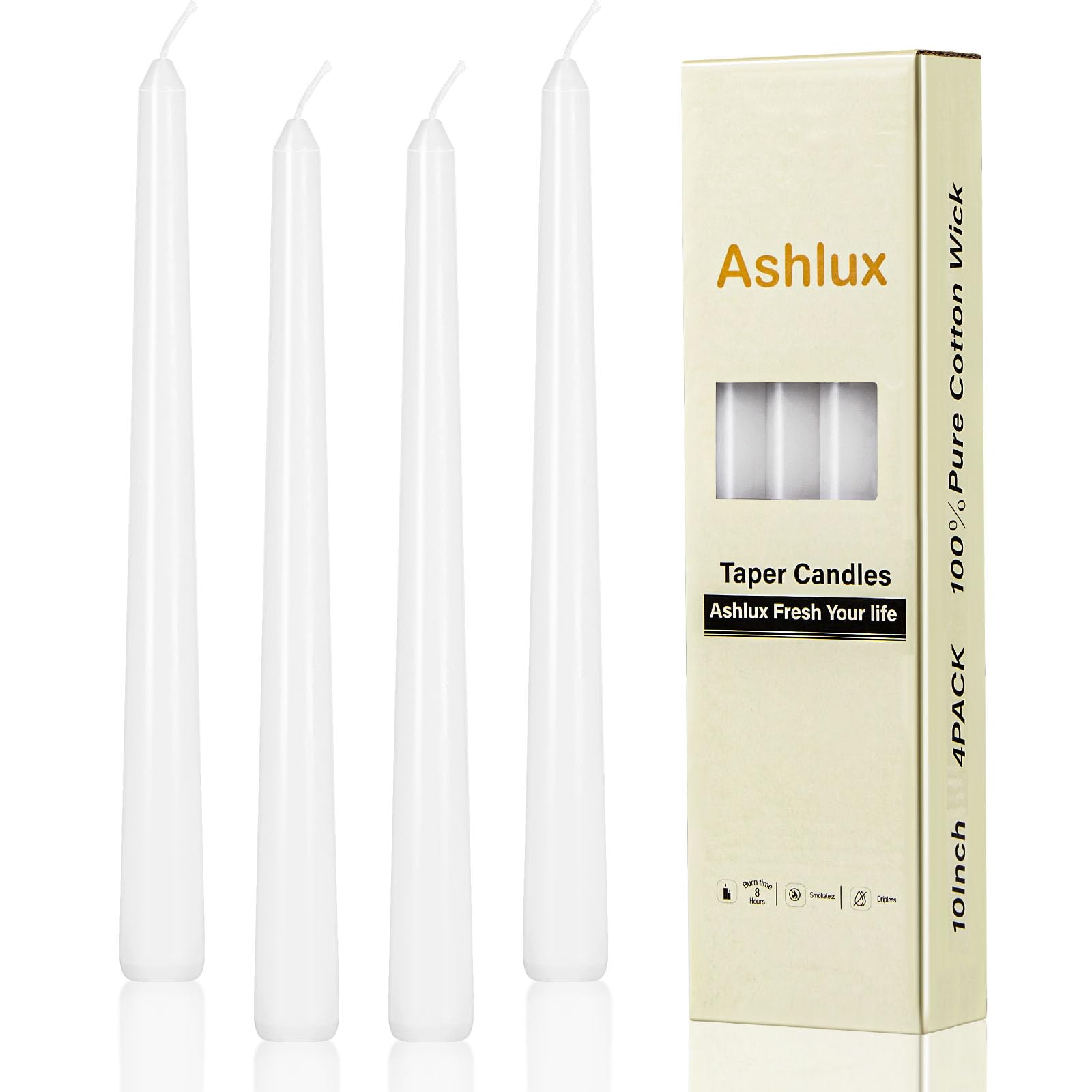 Amazon.com: Ashlux Taper Candles 10 Inch[Long Burn Time][True Dripless Smokless] White ...