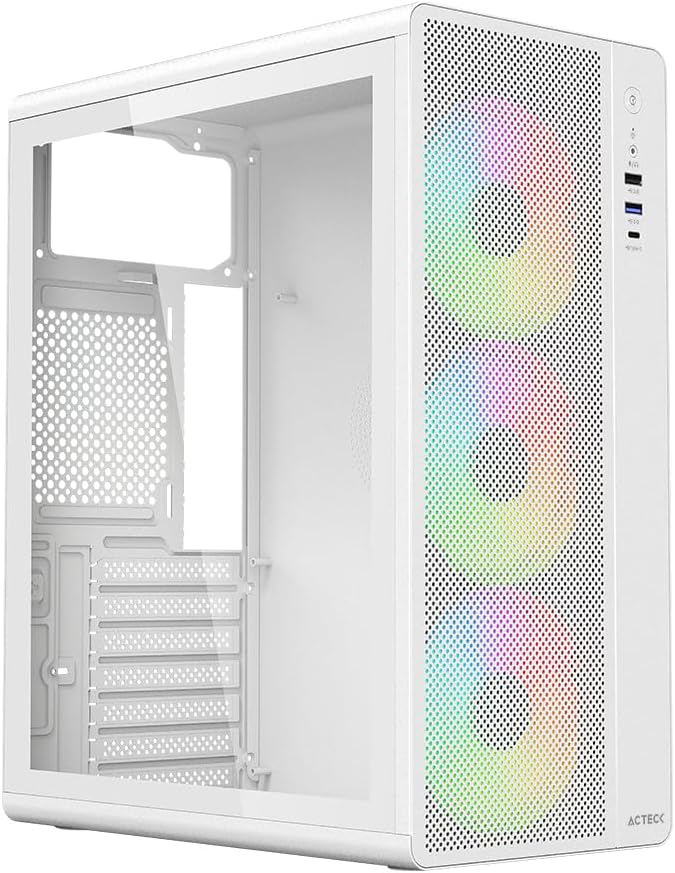 Acteck ATX Gaming PC Case with Tempered Glass Panel, 3X RGB Fans, USB-C ...