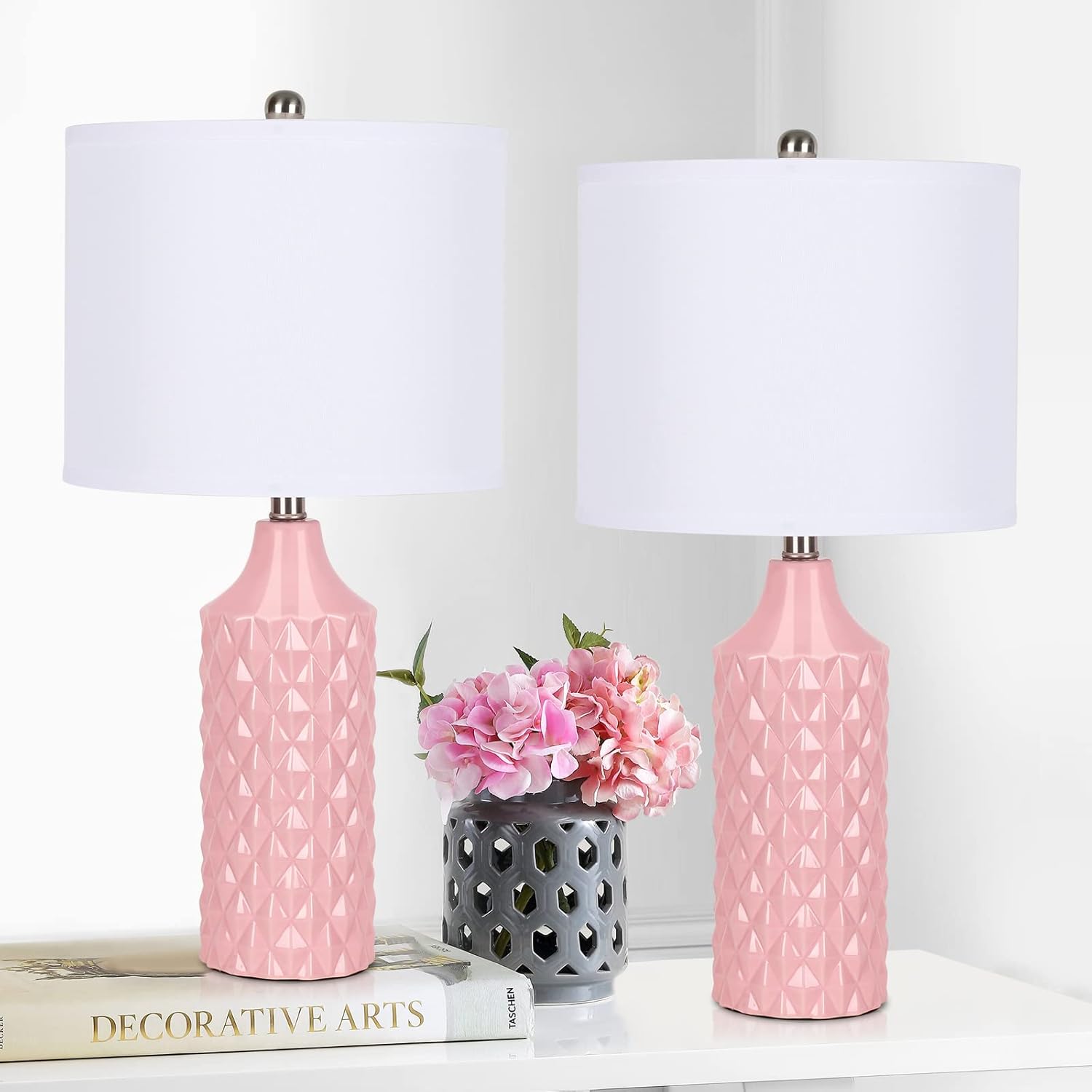 Modern Pink Ceramic Table Lamps Set of 2, 25" Nightstand Lamps with 3 ...