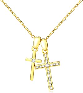 Amazon.com: EVEYE Cross Necklace for Women S925 Sterling Silver Double Cross Pendant Gold Plated ...