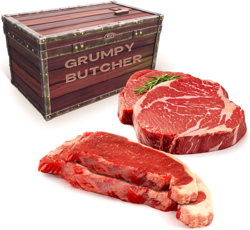 Amazon.com : Grumpy Butcher 4 Steaks Gift Package - 2 (10 oz) NY Strip ...