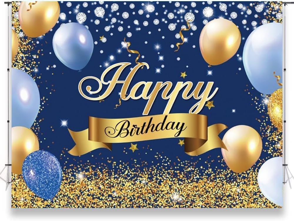 Amazon.com : Navy Blue and Gold Happy Birthday Backdrop 10x8ft Royal ...