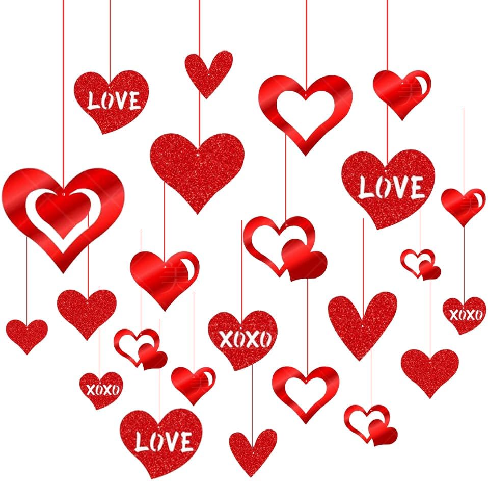 Amazon.com: 16 Pack Valentines Day Hanging Decorations-Valentine Heart Decor, Glitter Valentine ...