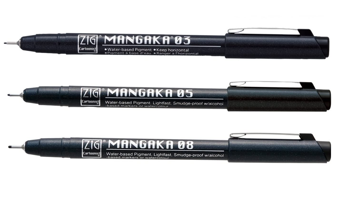 Zig MANGAKA 010 BLACK PIGMENT CNM- 03,05,08 Pack of - 3 MICRON LINER PENS for art, illustration ...