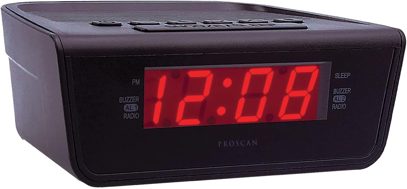 Proscan PCR1388 AM/FM dual-alarm clock radio with LED display.