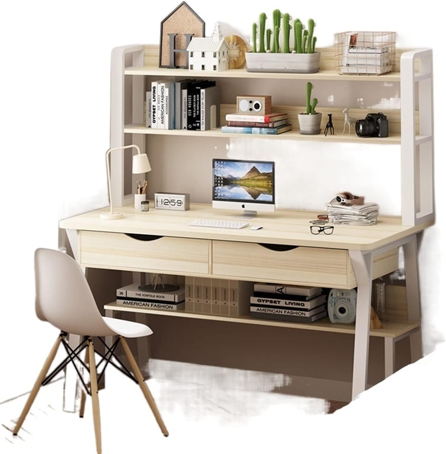 MOEIDO Desks Wooden Steel Computer Desk Laptop Table With Bookshelf ...
