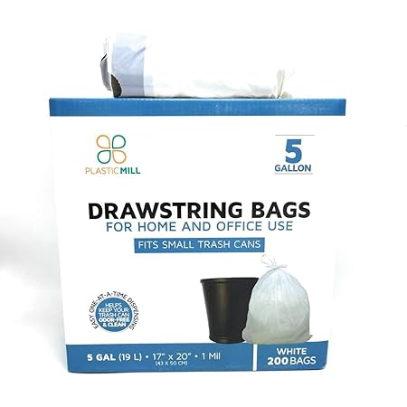 Amazon.com: PlasticMill 5 Gallon Garbage Bags, Drawstring: White, 1 MIL ...
