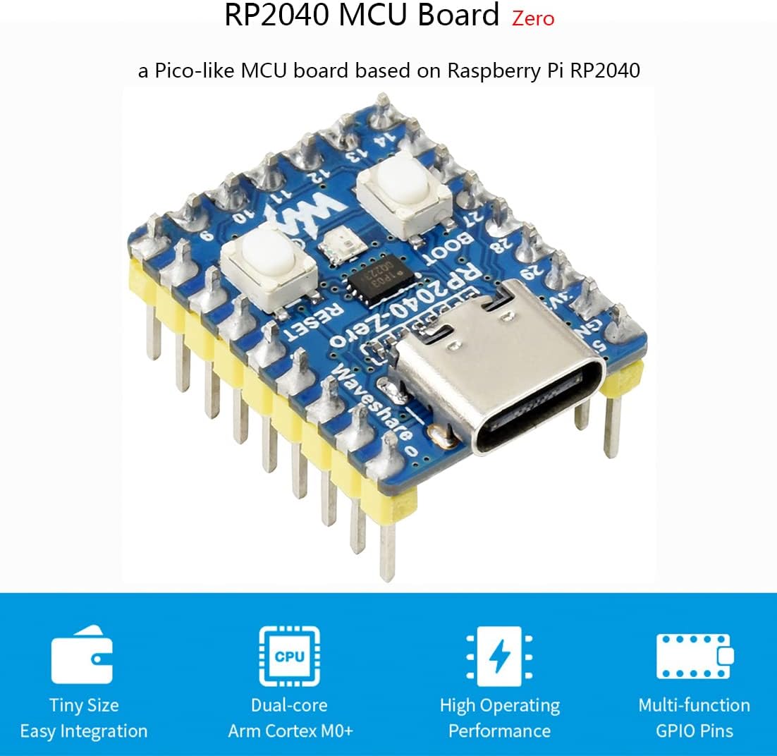 Waveshare RP2040-Zero MCU Board Based on Raspberry Pi RP2040, with Pre-soldered Header, Dual ...