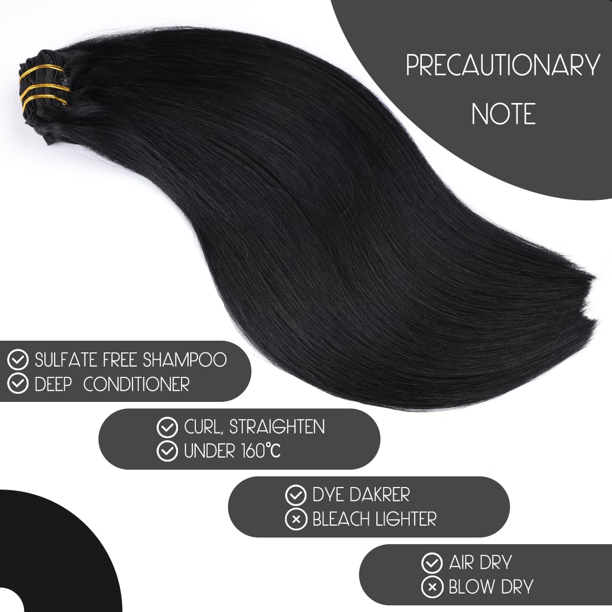 VINBAO Extensiones de cabello humano Remy negro con pinzas, color negro ...