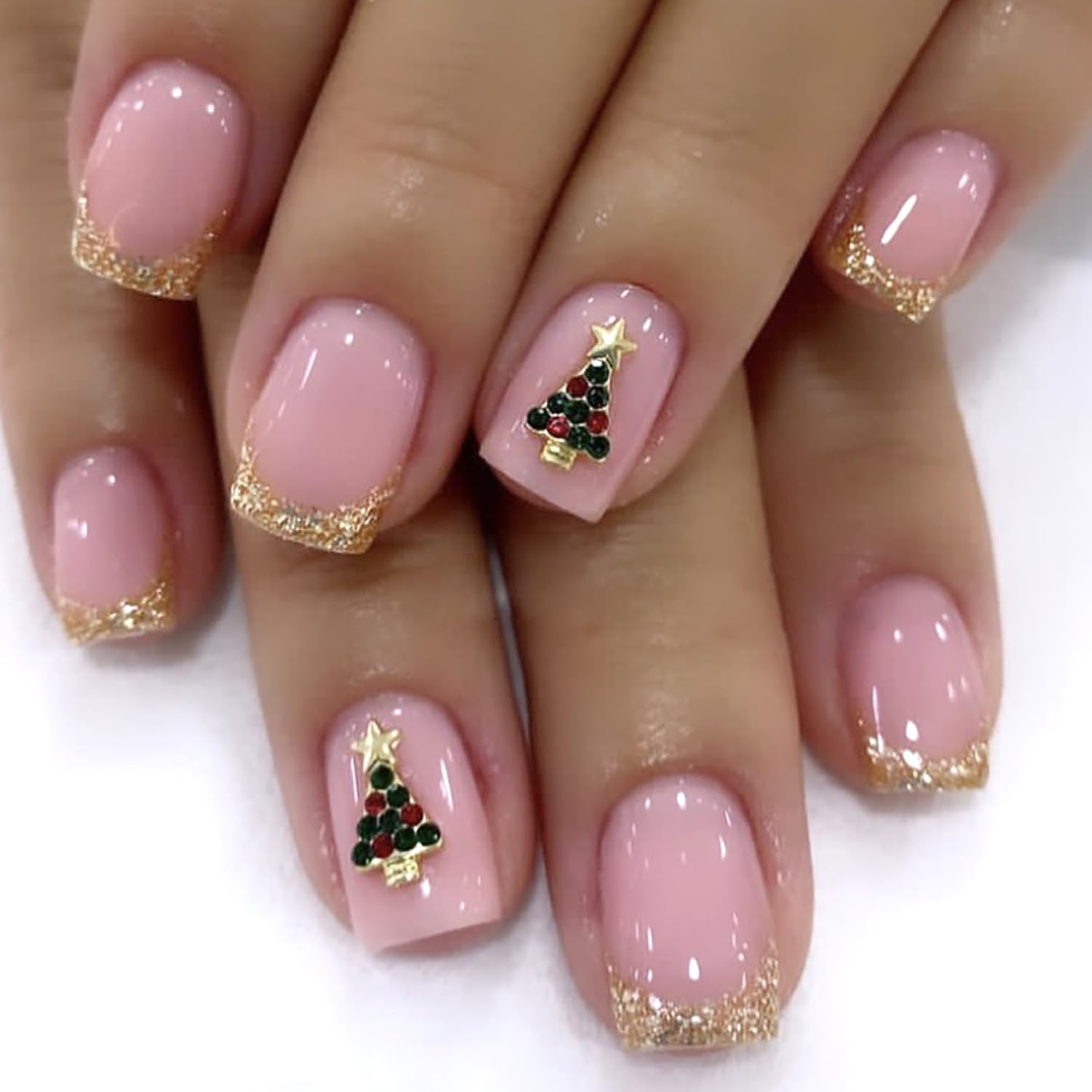 Amazon.com: 24Pcs Gold French Tip Press on Nails Short Square Christmas ...