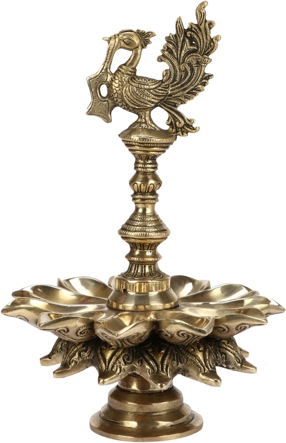 Artvarko 1 Feet Large Brass Peacock Design Multi Oil Wick Diya Lamp ...