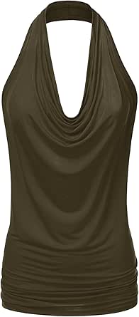 NINEXIS Women's Halter Neck Draped Front Open Back Top Olive S at ...