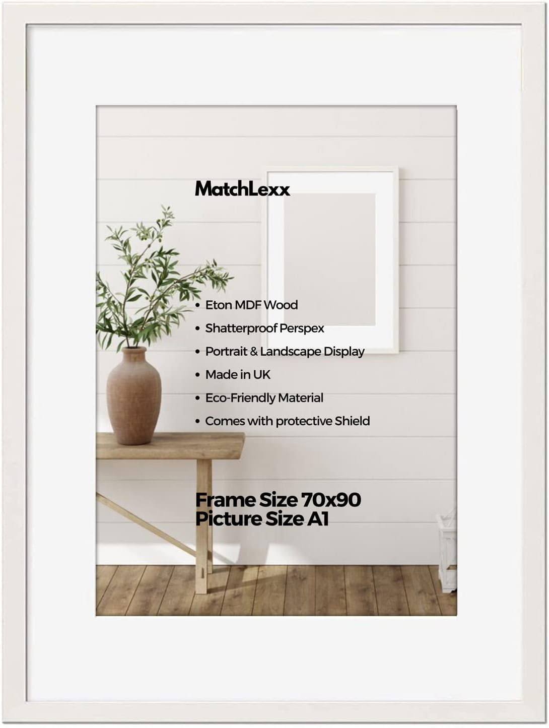 MatchLexx® Large Wide White | 70 x 90 cm Poster Frame With White Mount ...
