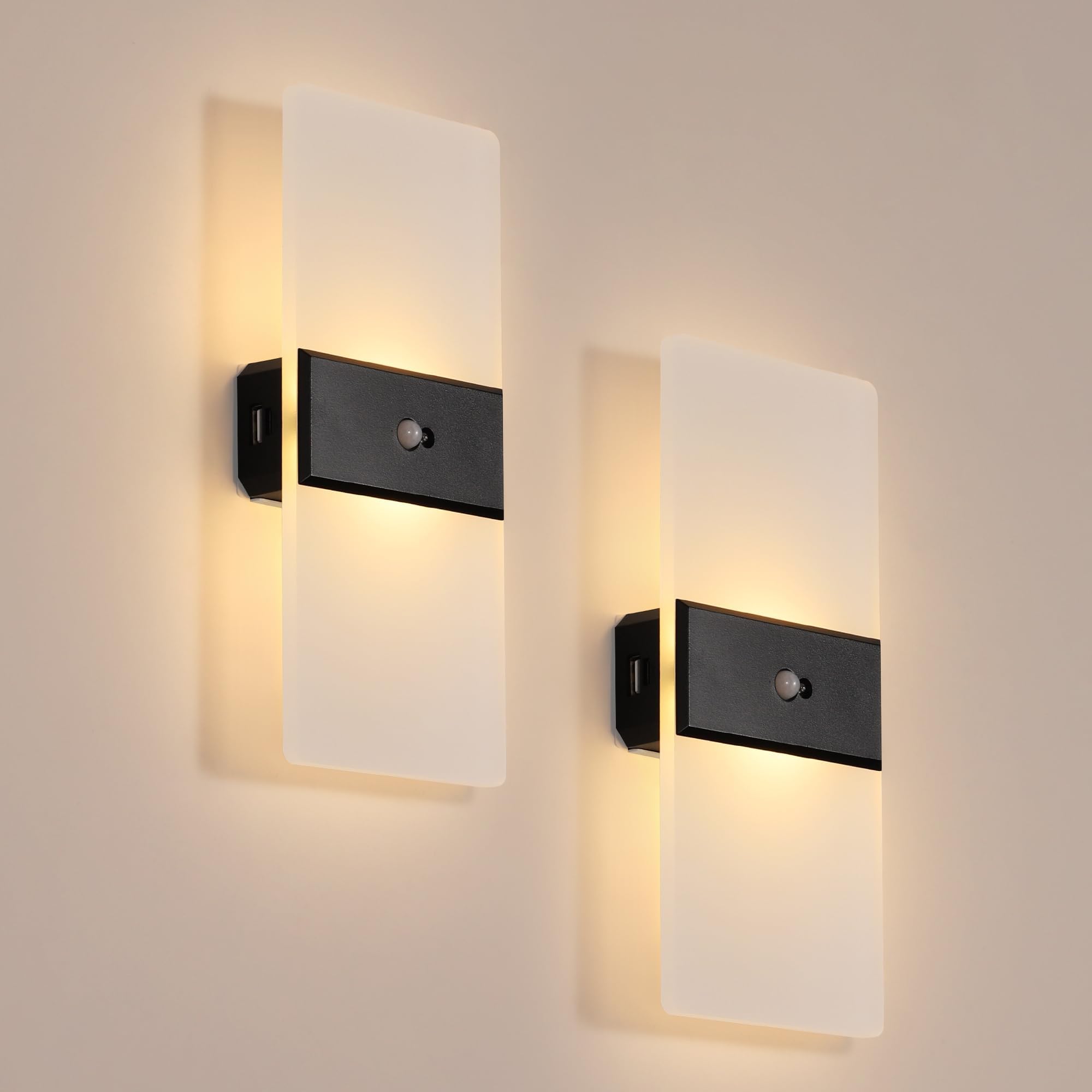 pasentel Motion Sensor LED Wall Sconces, 2-Pack Acrylic USB ...