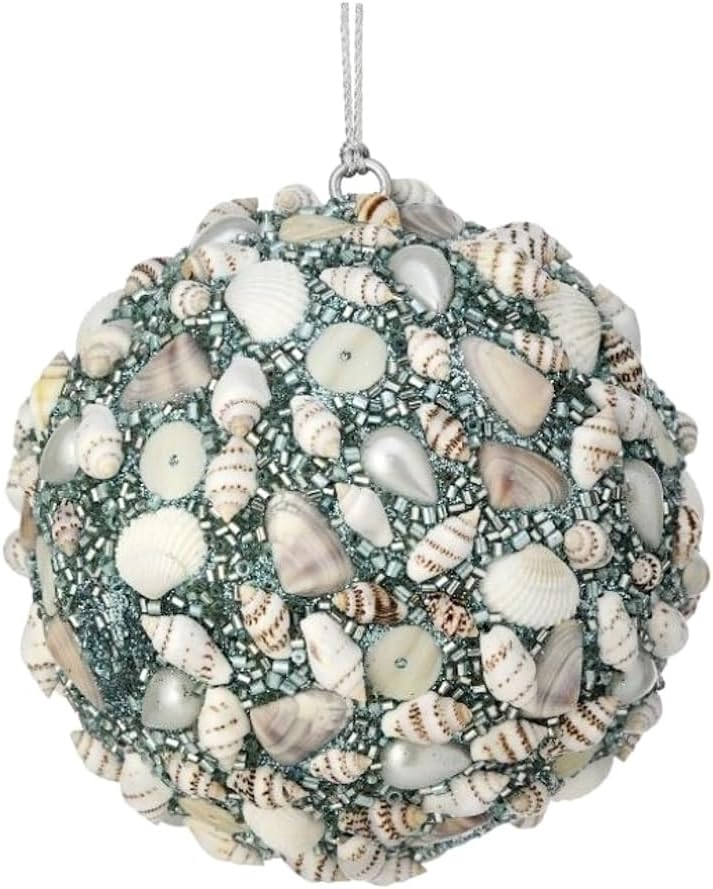 Amazon.com: The Bridge Collection Blue Seashell Ball Ornament - Beaded ...
